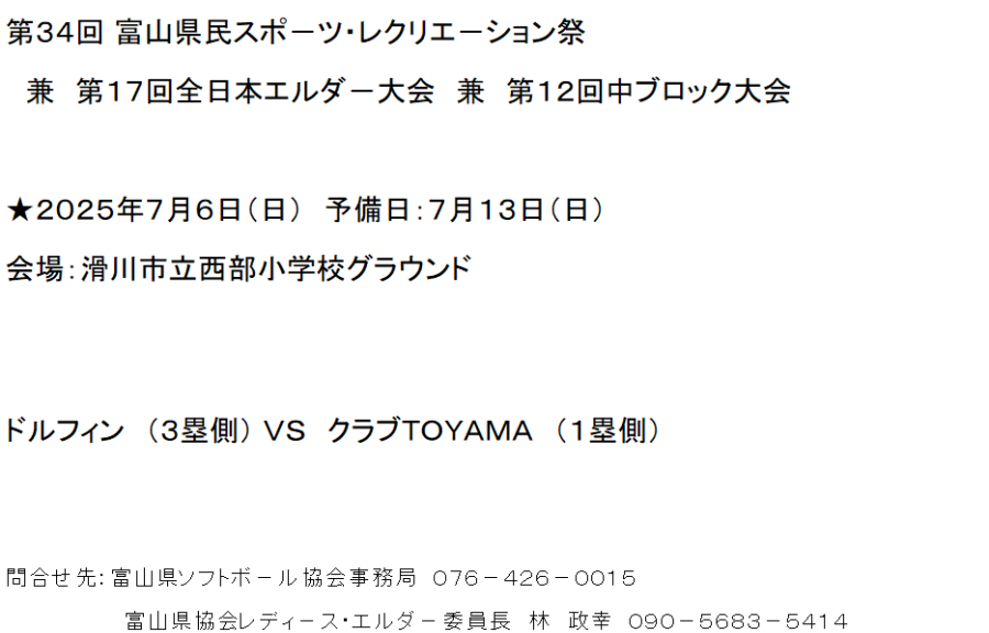 ★クラブTOYAMAとドルフィン戦は雨天の為、両チーム9名による抽選でドルフィンが5：4で勝利しました。